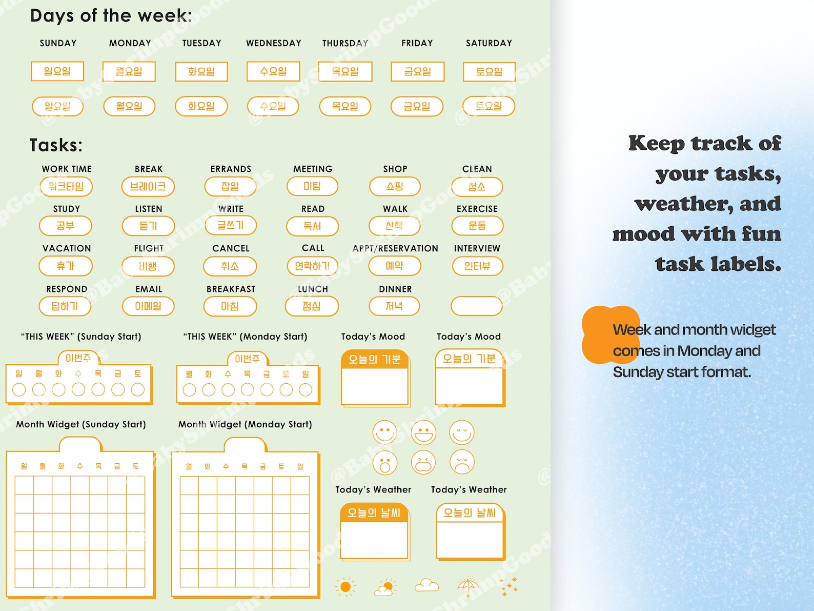 Digital Planner Korean Sticker Pack, PNG, Digital Widget, Digital Post ...