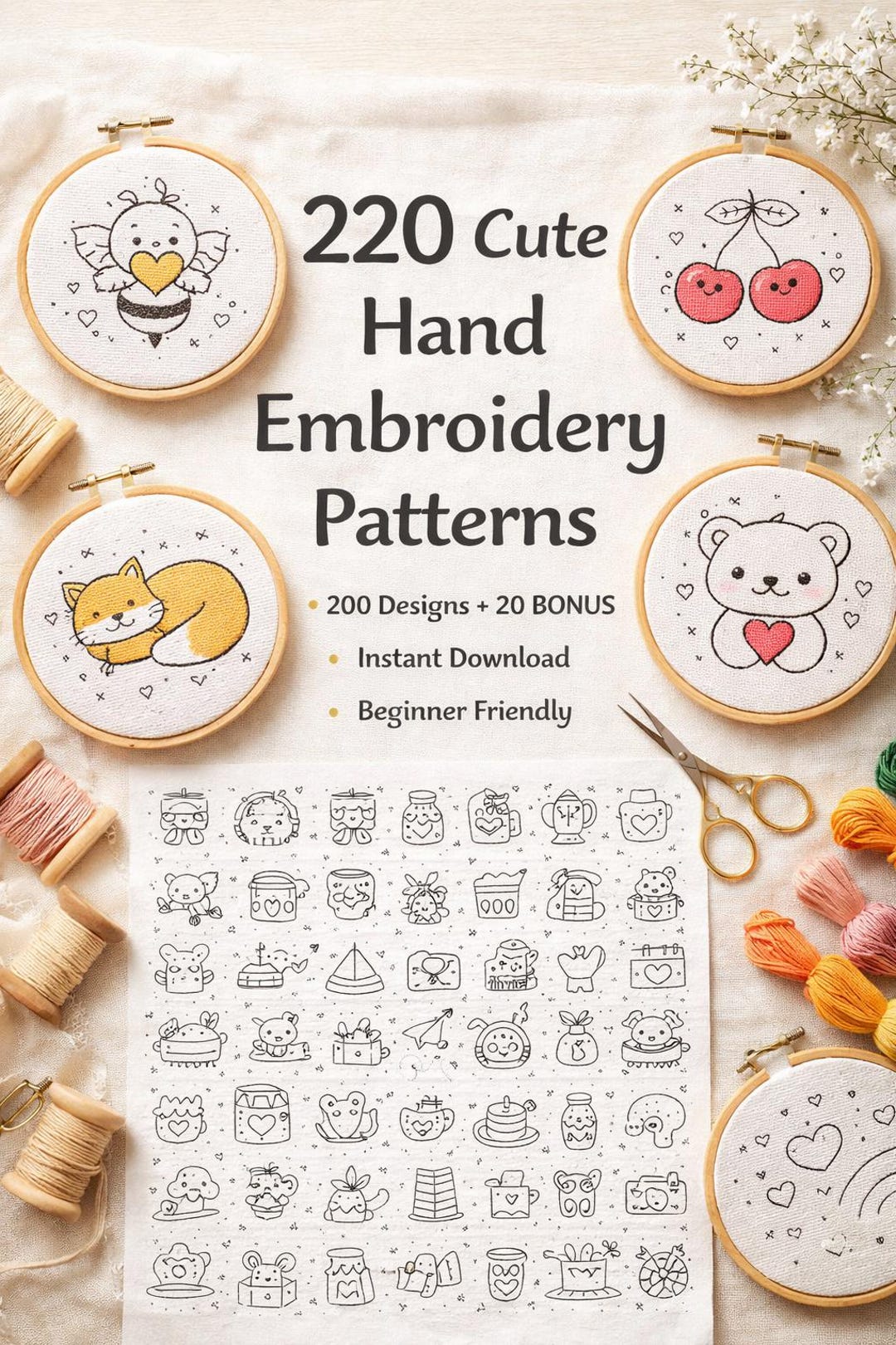 220 Cute Hand Embroidery Patterns Bundle, Kawaii Embroidery Designs ...