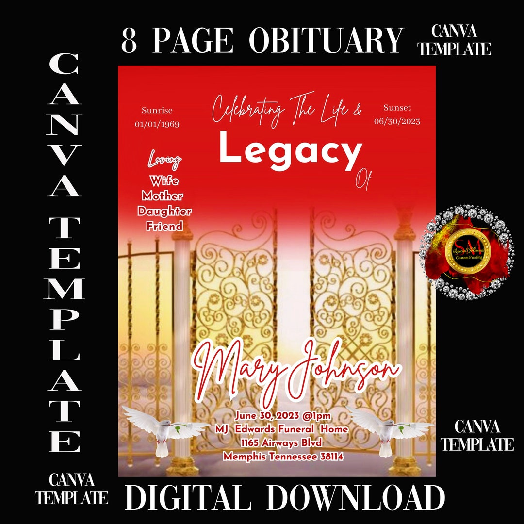 Obituary Canva Template Funeral Program Canva Template Etsy