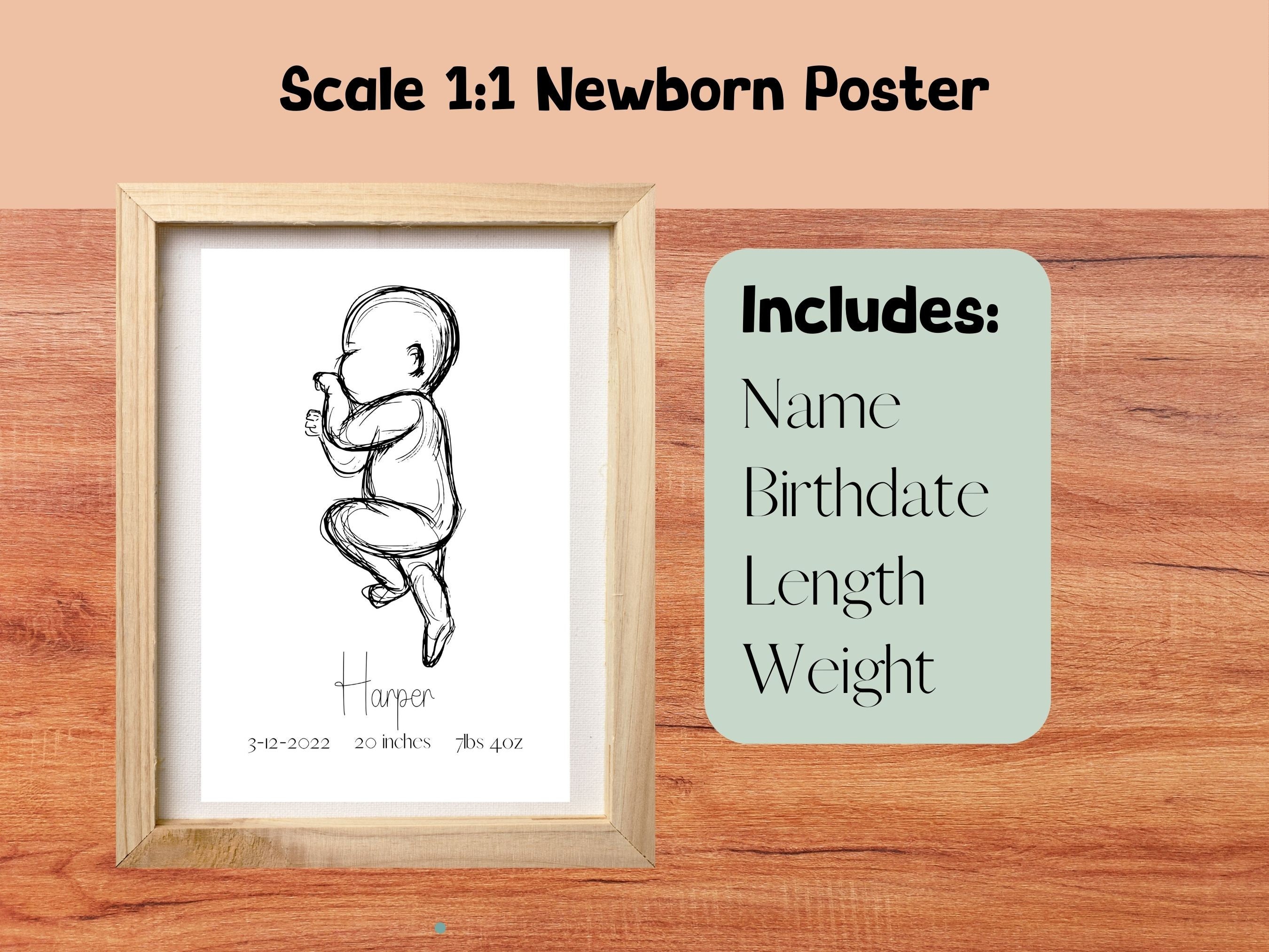 Birth Poster in Scale Newborn Portrait Baby Real Size Printable Custom ...