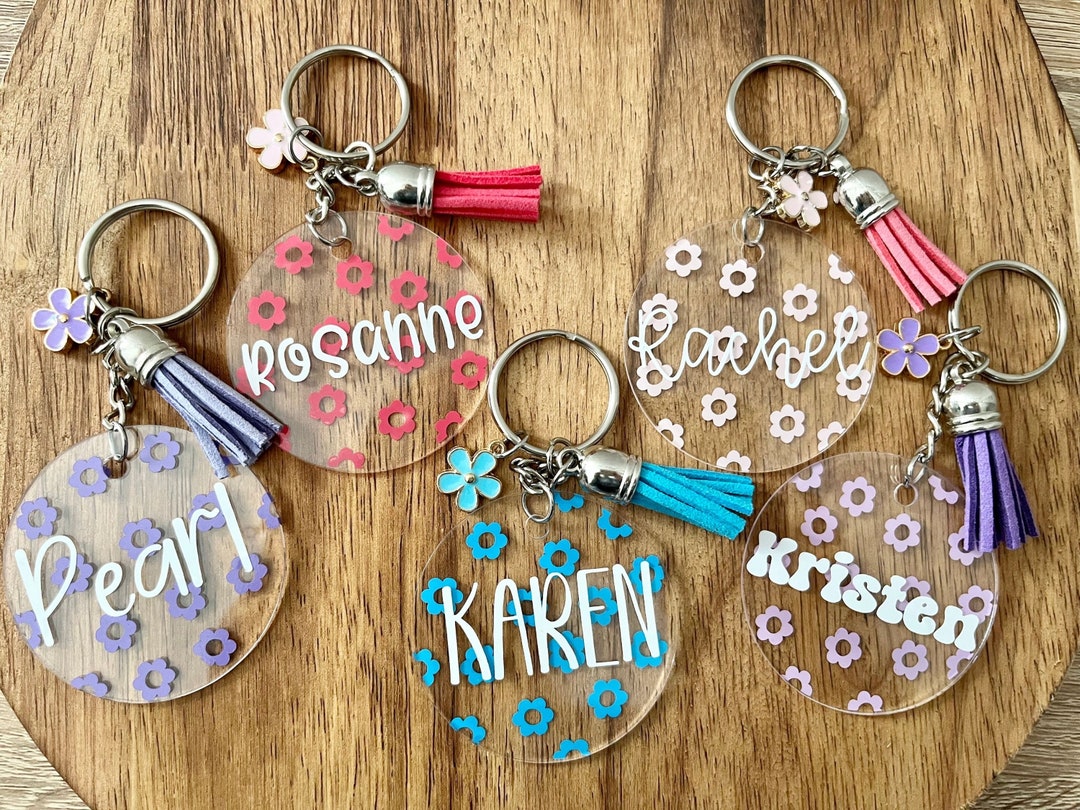 Personalized Retro Keychain, Custom Name Keychain, Flower Keychain ...