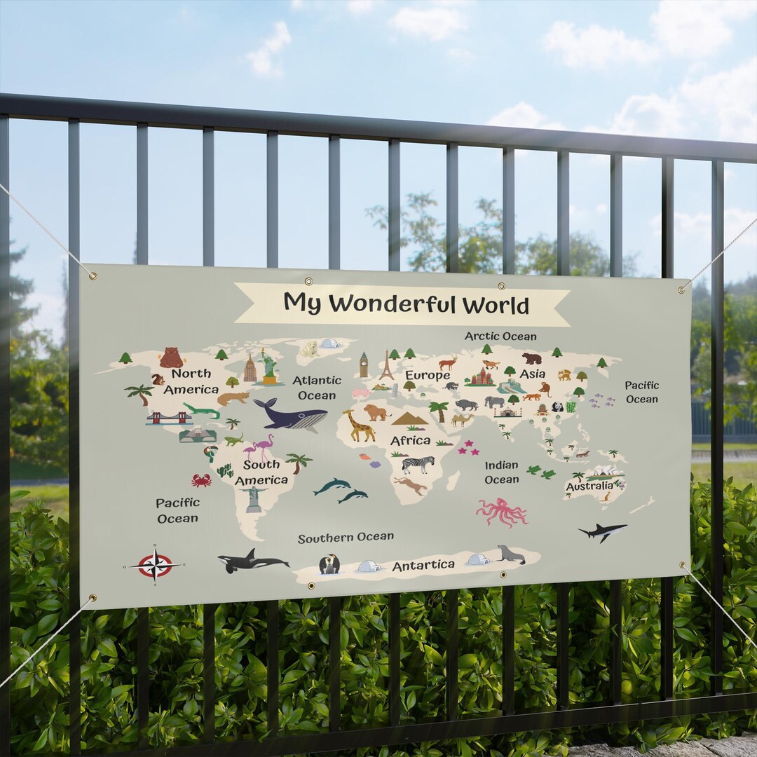 World Map Banner, Kids Room Decor, Educational Wall Art, Geography ...