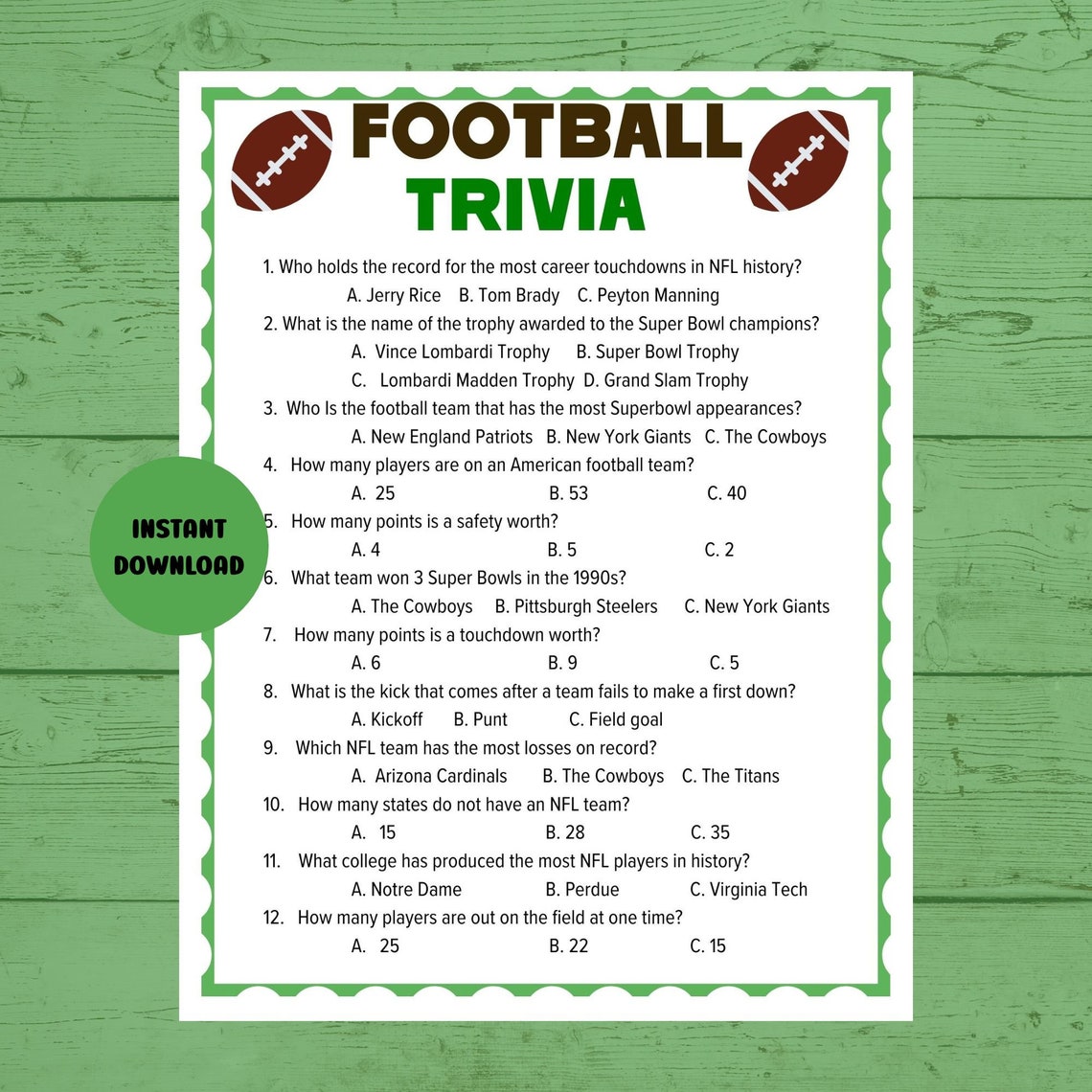 Football Trivia Printable Football Trivia Football Party Games Sports ...