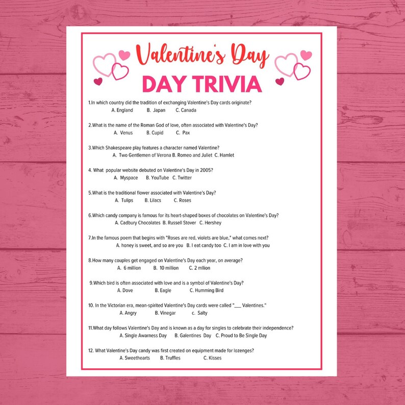 Valentines Day Trivia Valentines Day Games Valentines Day Printable