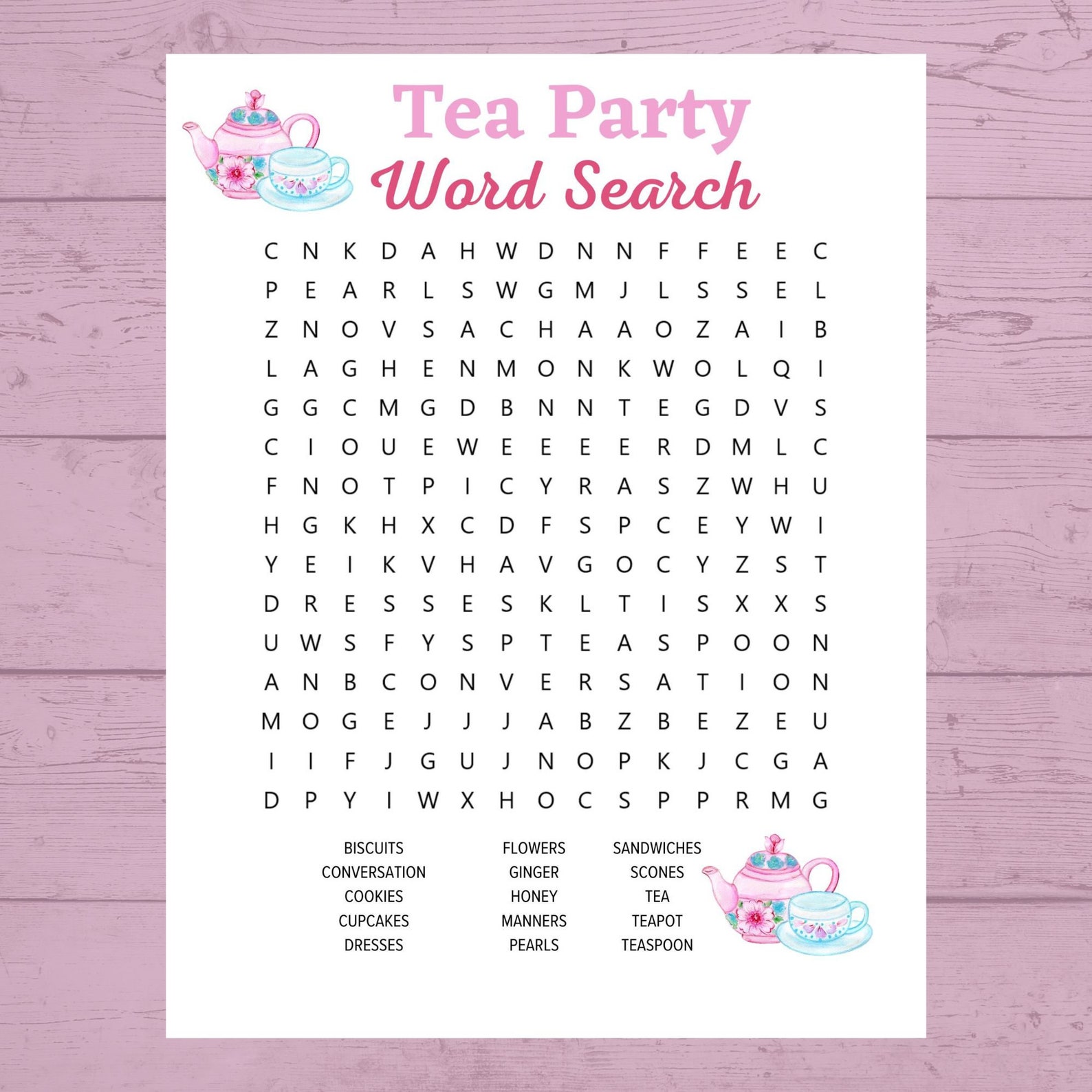 Tea Party Word Search, Instant Download, Tea Party Games, Princess ...