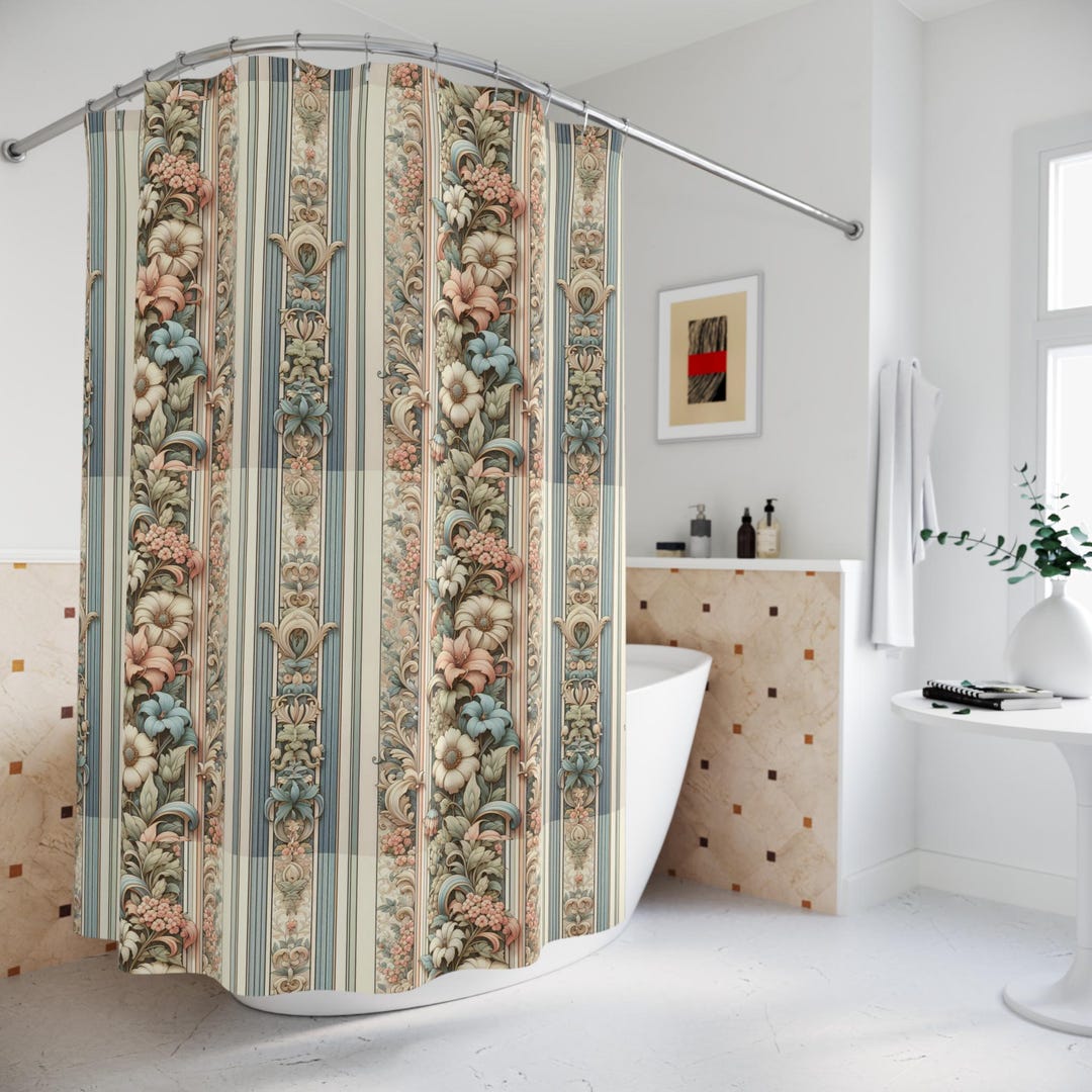 French Pattern Shower Curtain, Farmhouse Style Vintage Bathroom Decor ...