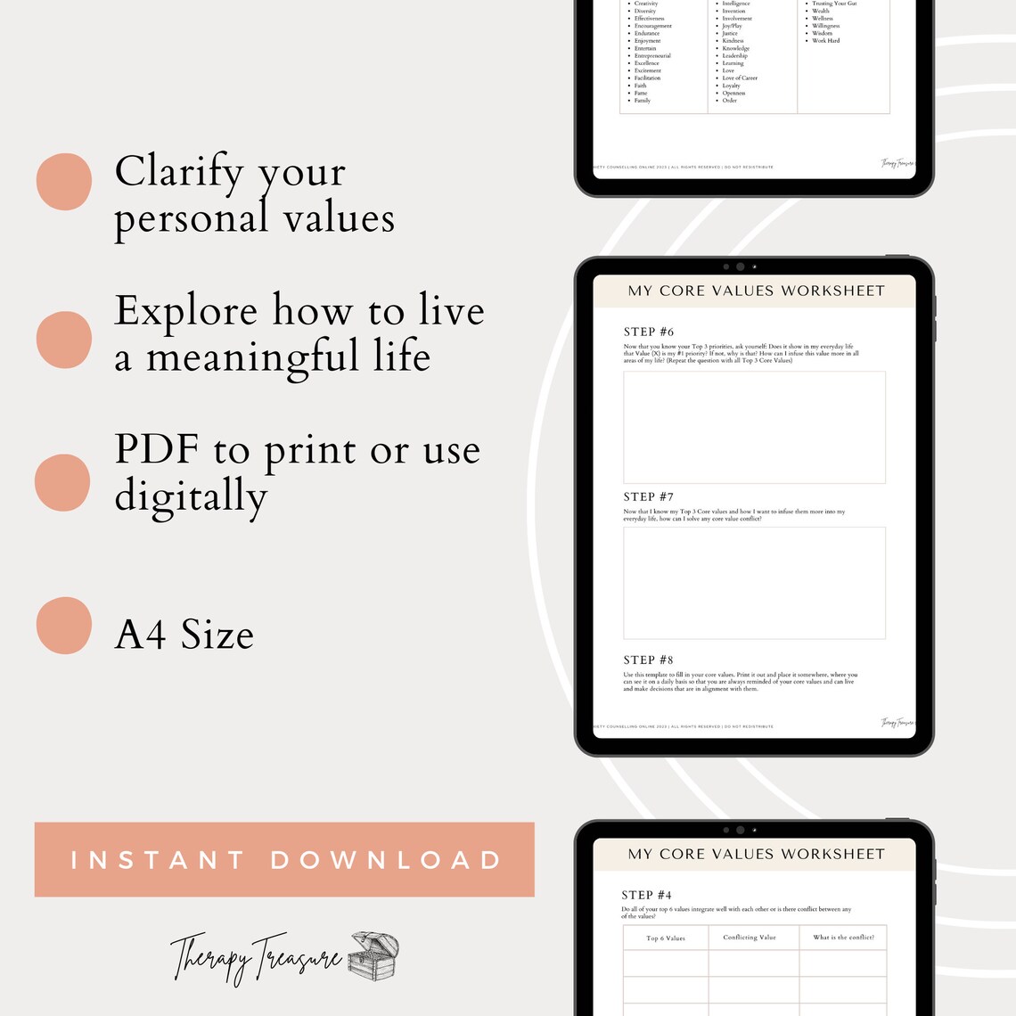 Core Values Worksheet Values Processing Thought Processing Self Discovery ACT Worksheet Therapy ...