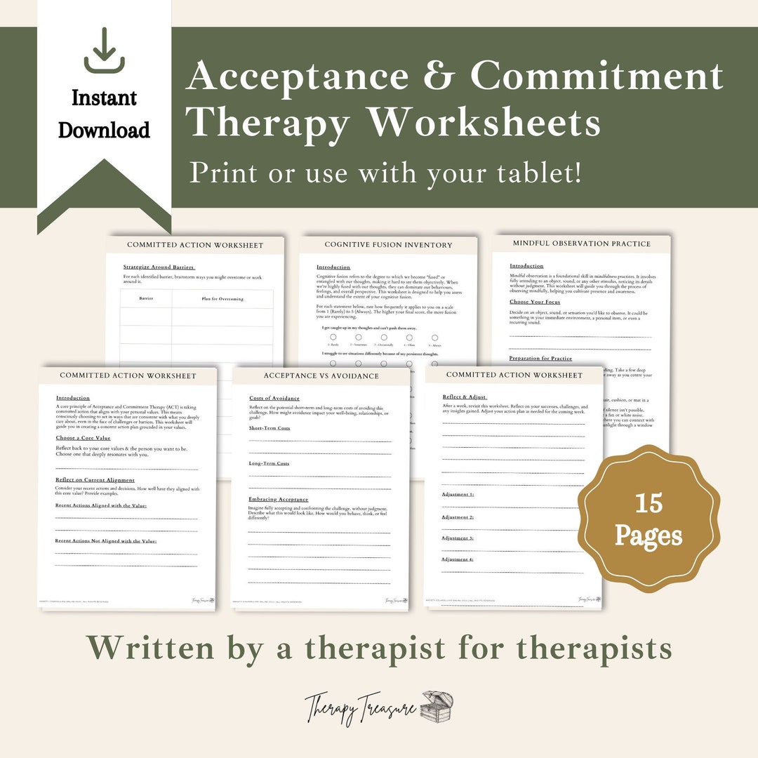 Acceptance & Committment Therapy Worksheets Mindfulness Worksheets ACT ...