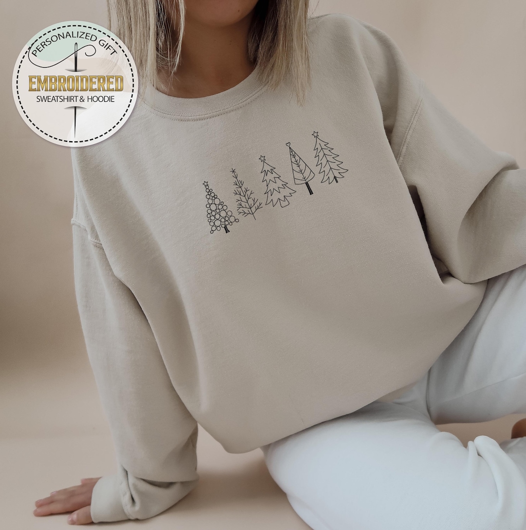 Embroidered Pine Tree Sweatshirt, Embroidery Christmas Tree Hoodie ...