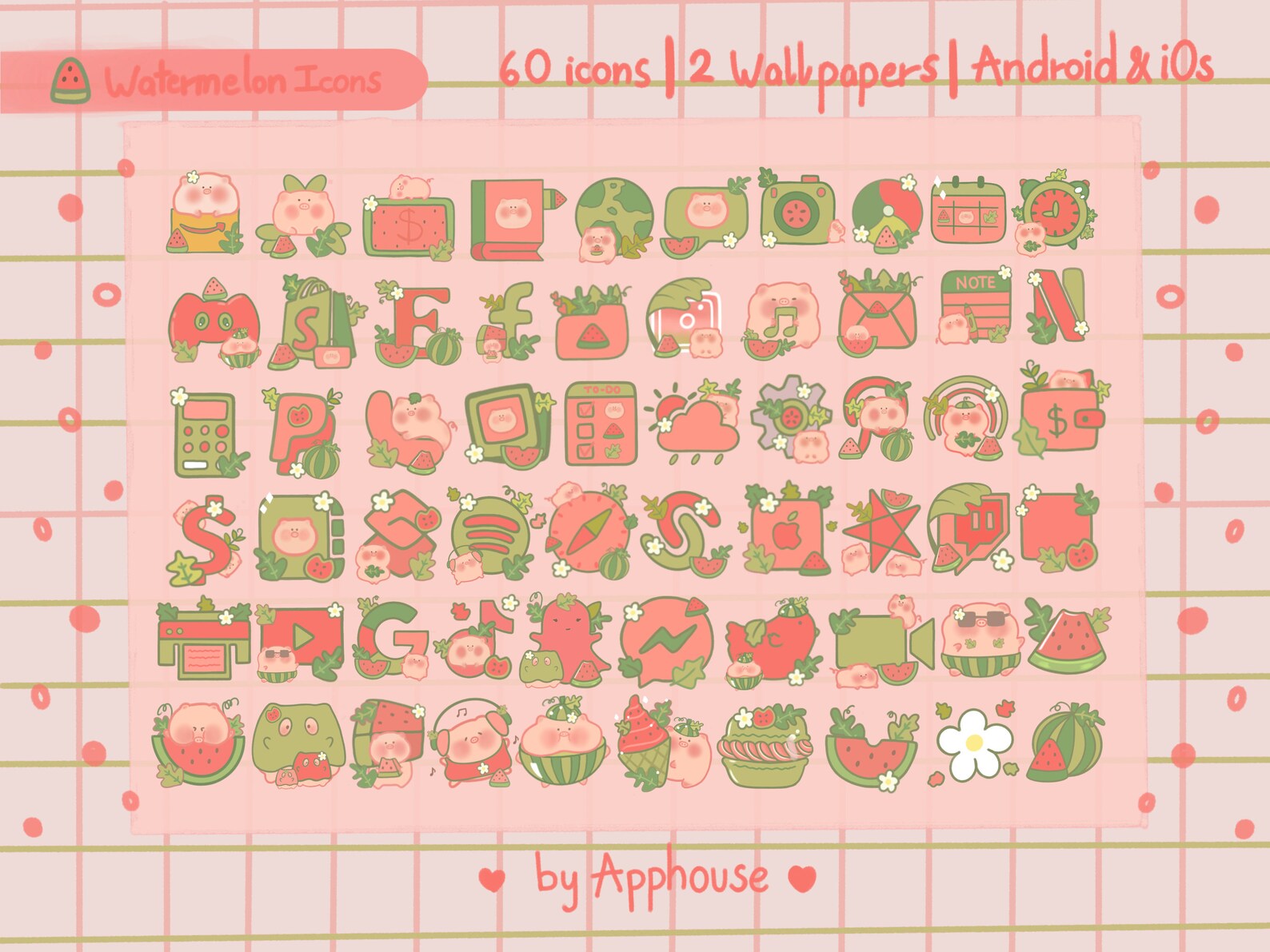 Cute Watermelon Ios Android App Icon Set, Aesthetic iPhone Icons ...