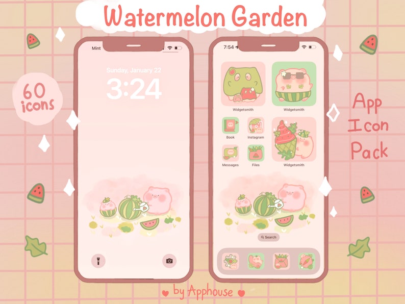 Cute Watermelon Ios Android App Icon Set, Aesthetic iPhone Icons ...