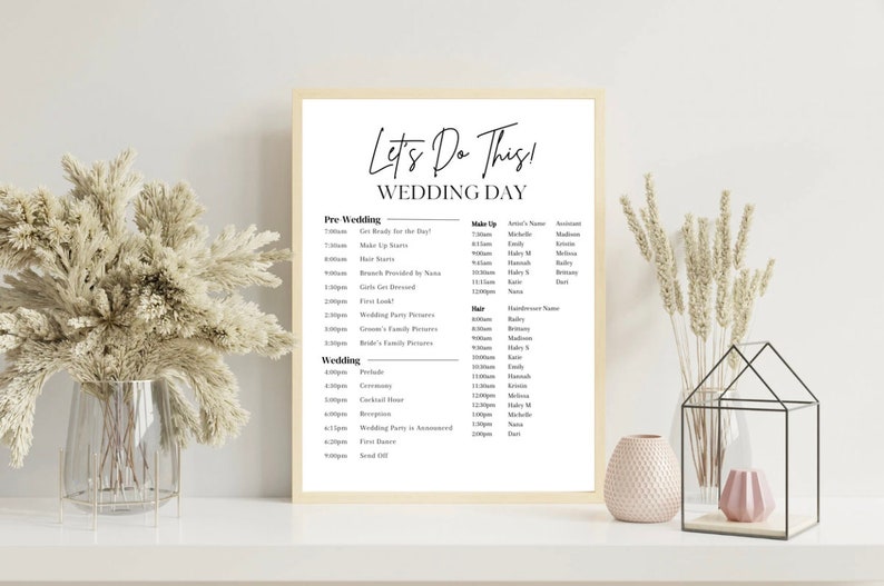 Wedding Day Timeline With Bridesmaids Schedule, Minimalist Sign ...