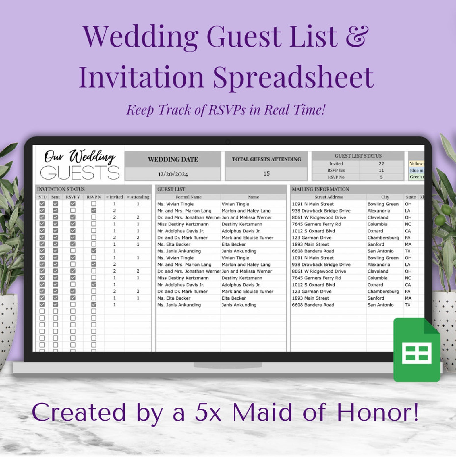 Wedding Guest List and RSVP Tracker, Google Sheets Spreadsheet Template ...