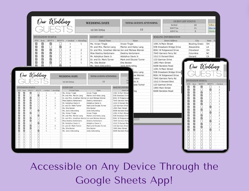 Wedding Guest List and RSVP Tracker, Google Sheets Spreadsheet Template ...