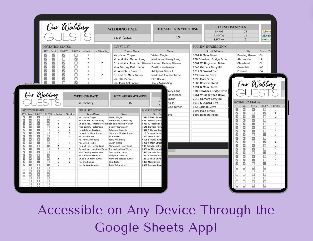Wedding Guest List and RSVP Tracker, Google Sheets Spreadsheet Template ...