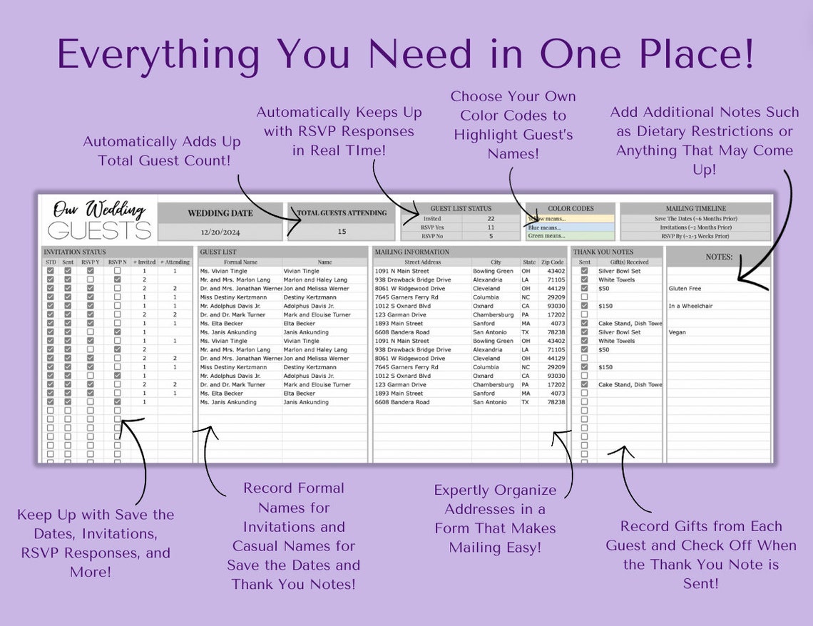Wedding Guest List and RSVP Tracker, Google Sheets Spreadsheet Template ...