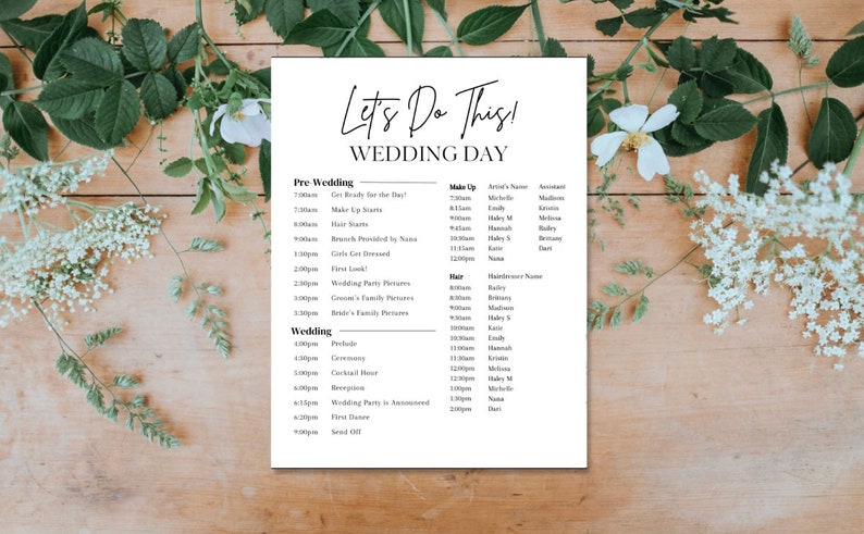 Wedding Day Timeline With Bridesmaids Schedule, Minimalist Sign ...