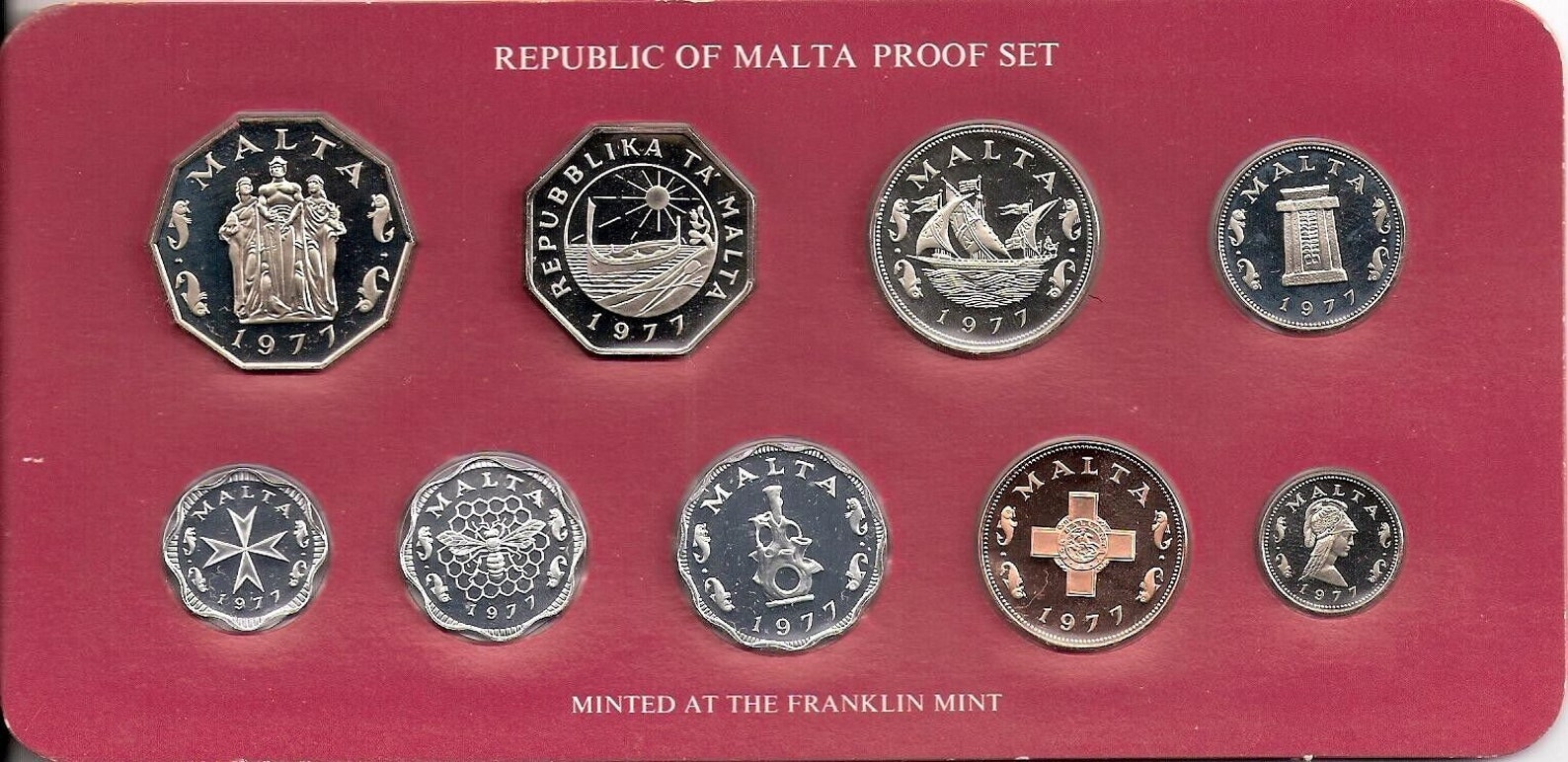 1977 Republic of Malta 9 Coin Proof Set Rare Collection Franklin Mint ...