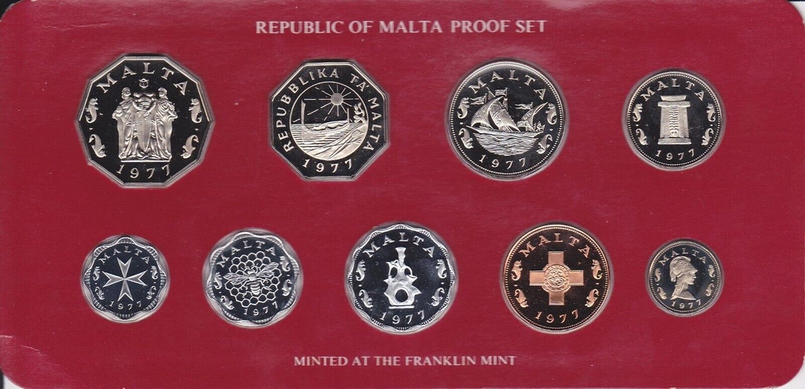 1977 Republic of Malta 9 Coin Proof Set Rare Collection Franklin Mint ...