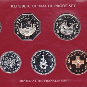 1977 Republic of Malta 9 Coin Proof Set Rare Collection Franklin Mint With Original Cards, COA ...
