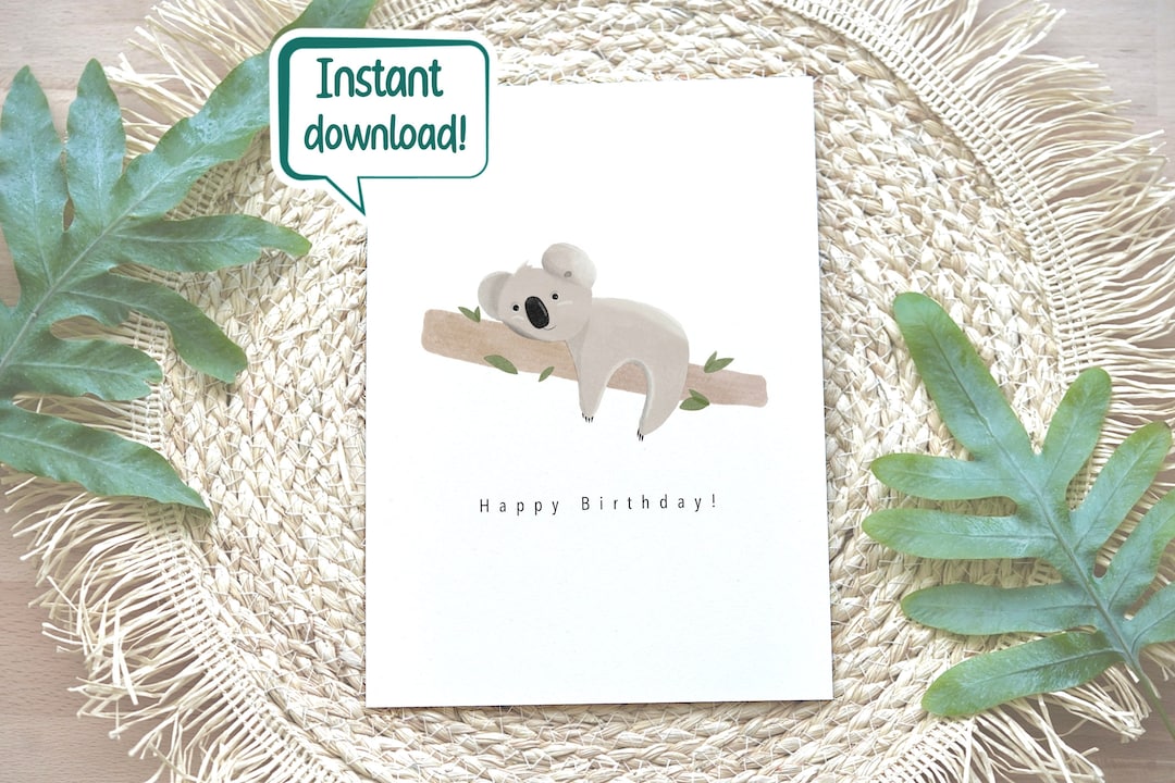 Koala Happy Birthday Printable Card, Highresolution Animal Illustrated ...