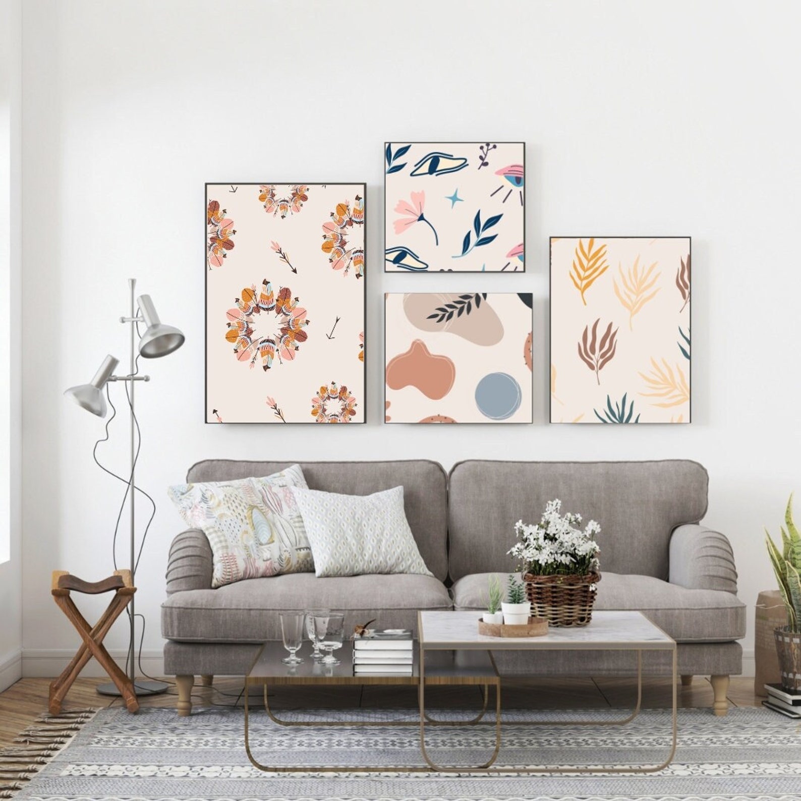 Boho Botanical Art Print, Set of 4 Abstract Botanical Printable Wall ...