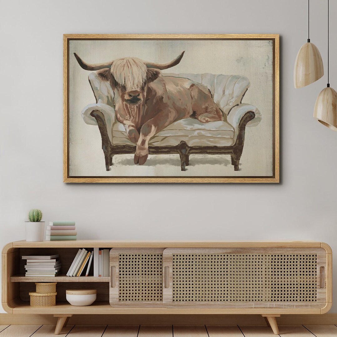 Framed Canvas Wall Art Prints Highland Cow on the Couch Print Vintage ...