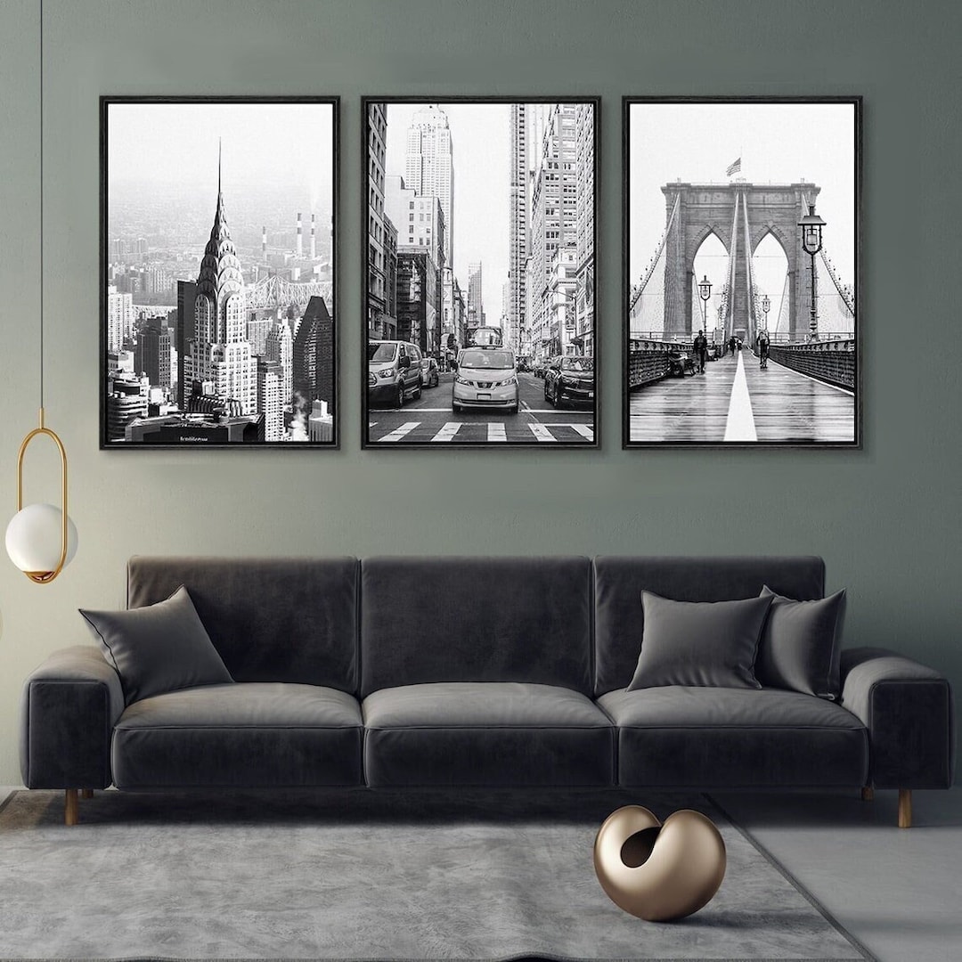 Framed Canvas Wall Art Set of 3 Black and White New York City ...