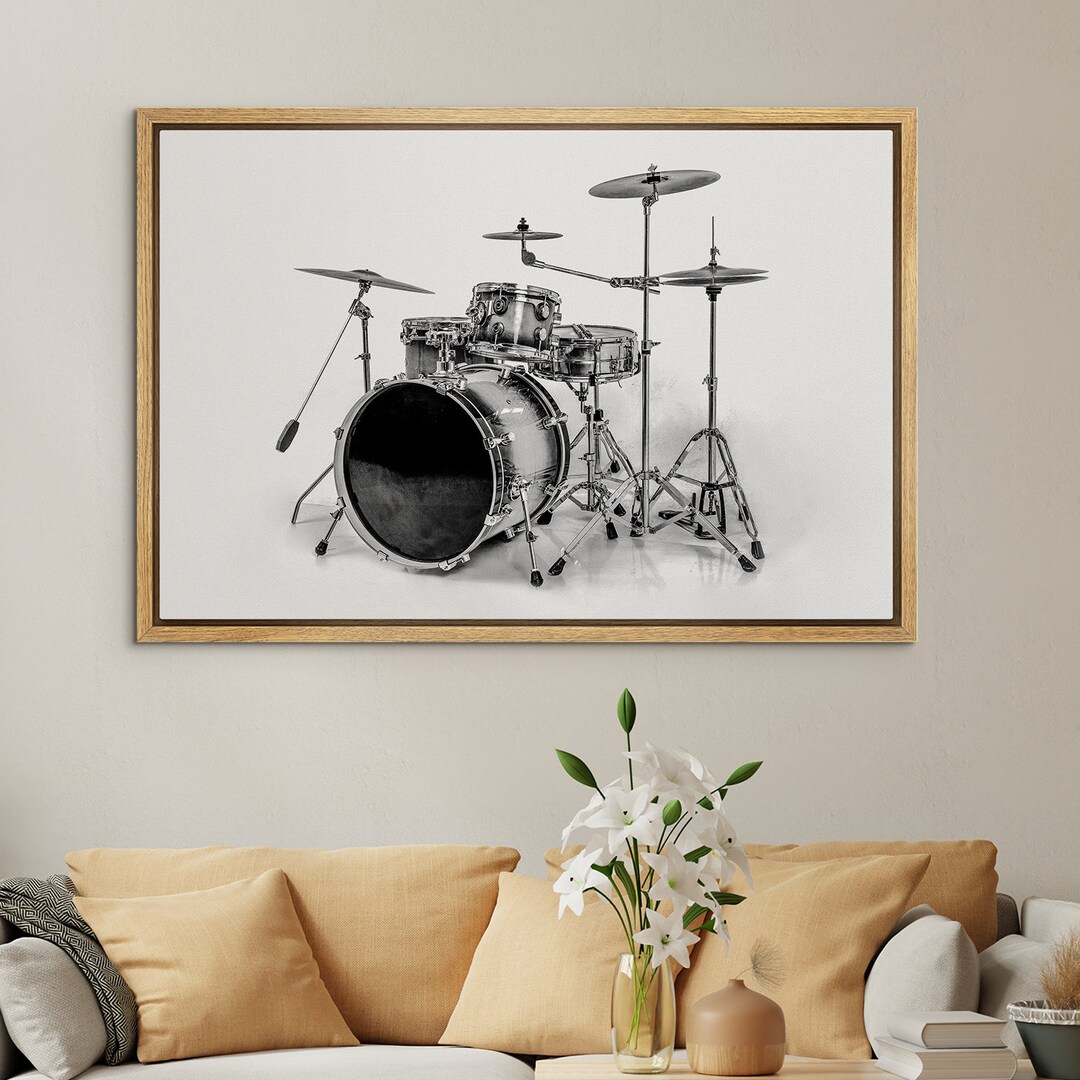 Framed Canvas Wall Art Black and White Chrome Drum Set Music ...