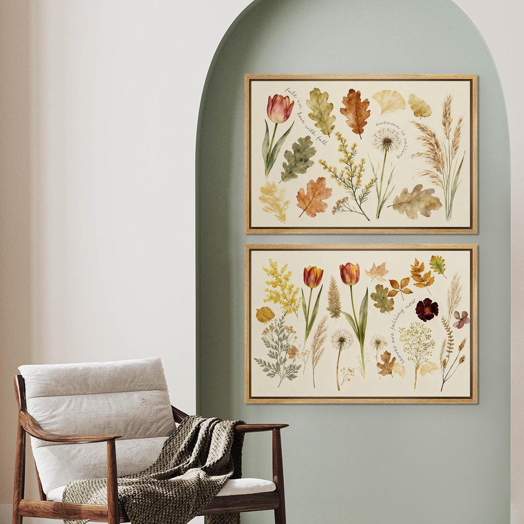 Autumn Botanical Wall Art Set of 2, Framed Fall Leaves & Tulips ...