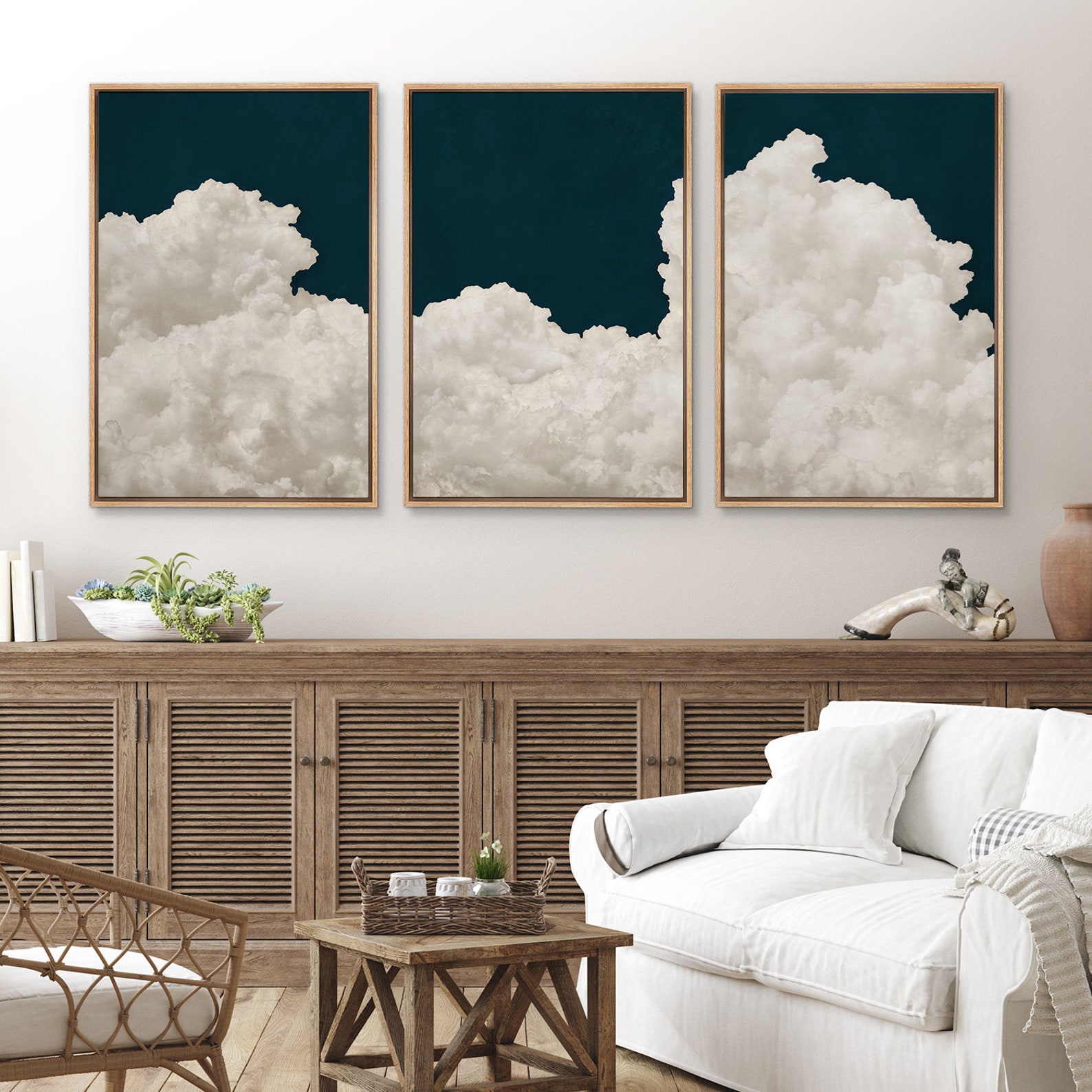Framed Canvas Wall Art Prints Set of 3 Navy Blue Cloud Sky Art Print ...