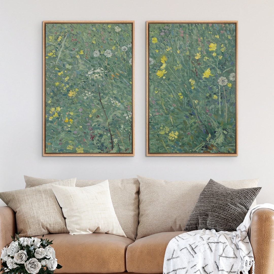 Framed Canvas Wall Art Set of 2 Green Abstract Wildflower Floral Prints ...