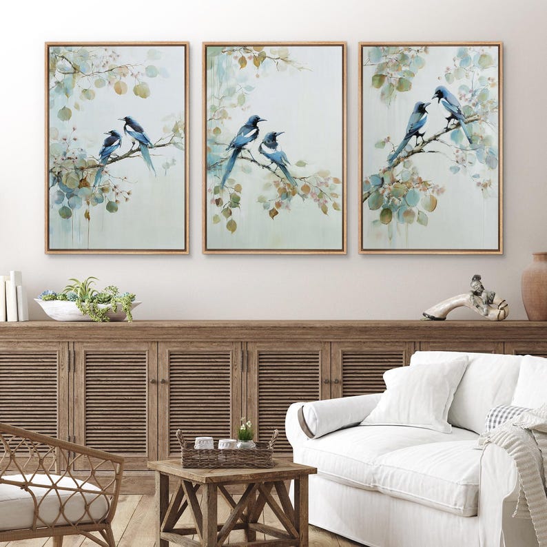 Framed Blue Birds on Branches Wall Art Set of 3, Watercolor Botanical ...