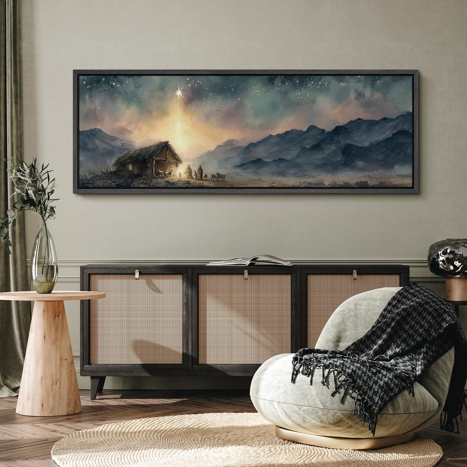 Large Framed Nativity Scene Wall Art, Holy Night Bethlehem Star Canvas ...