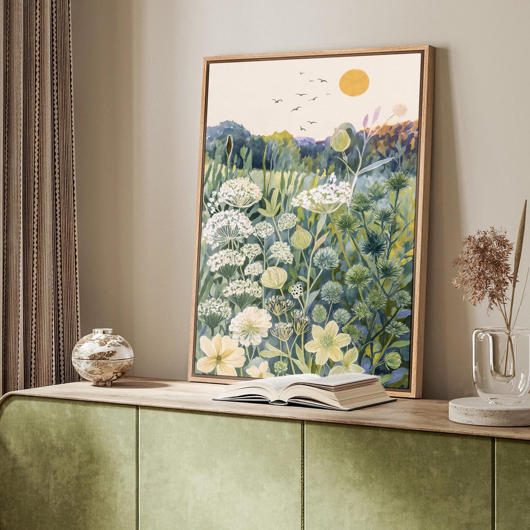 Wildflower Meadow Wall Art - Framed Watercolor Botanical Canvas Print ...
