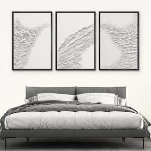 Framed Canvas Wall Art Set of 3 White Abstract Prints Minimalist Modern ...