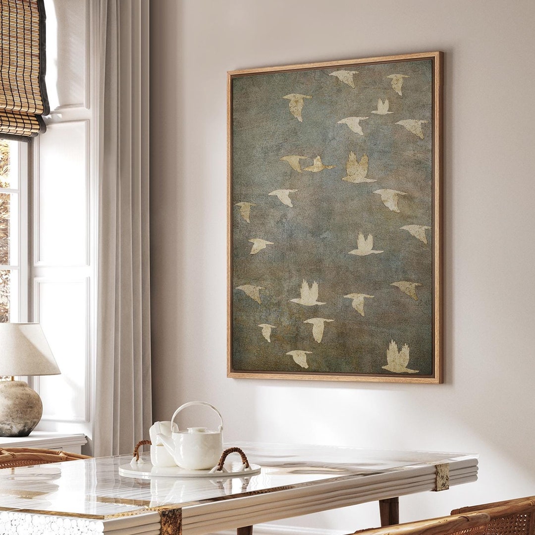 Framed Canvas Wall Art Prints Abstract Flying Flock of Birds in Neutral ...