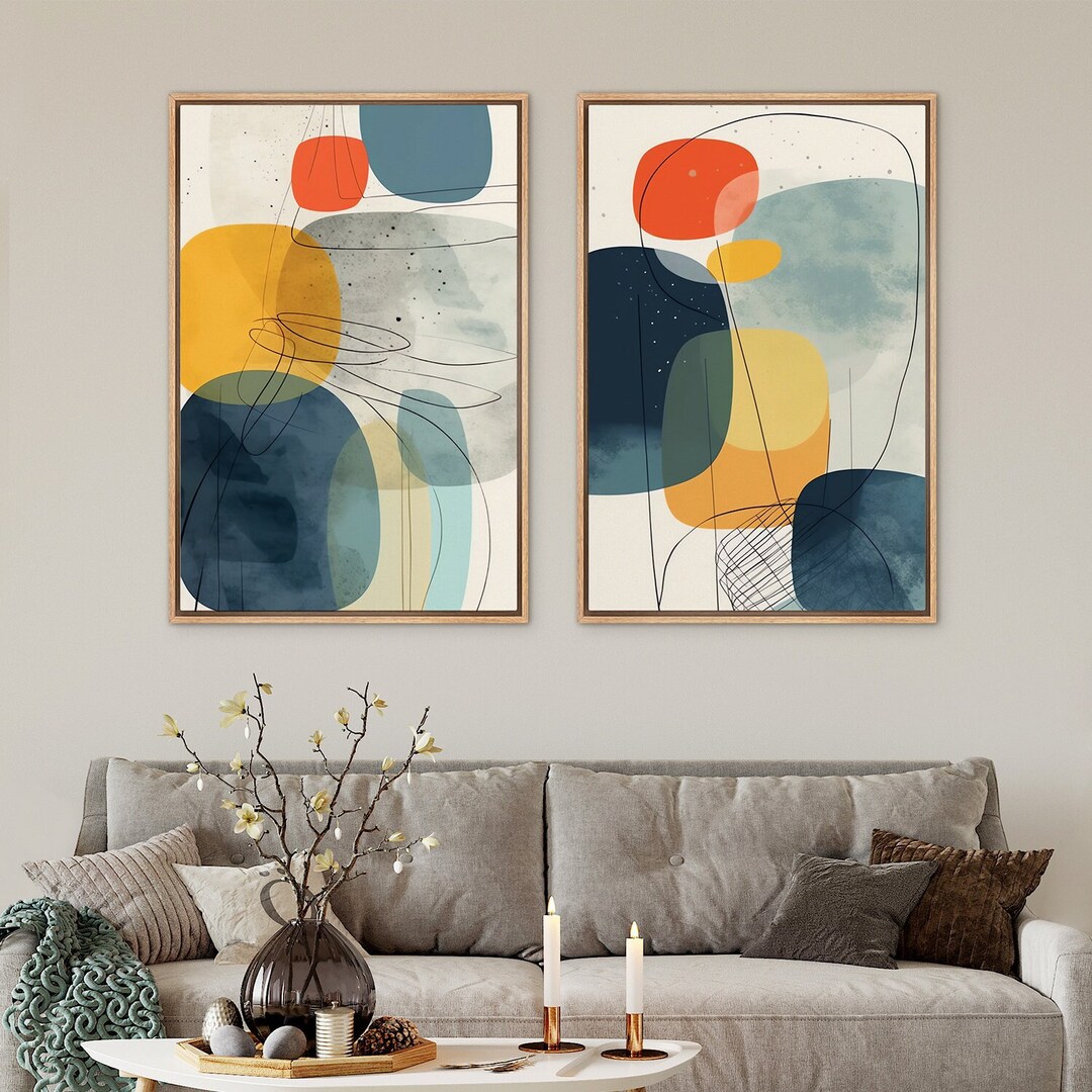 Framed Canvas Wall Art Prints Set of 2 Colorful Polygon Abstract Shapes ...