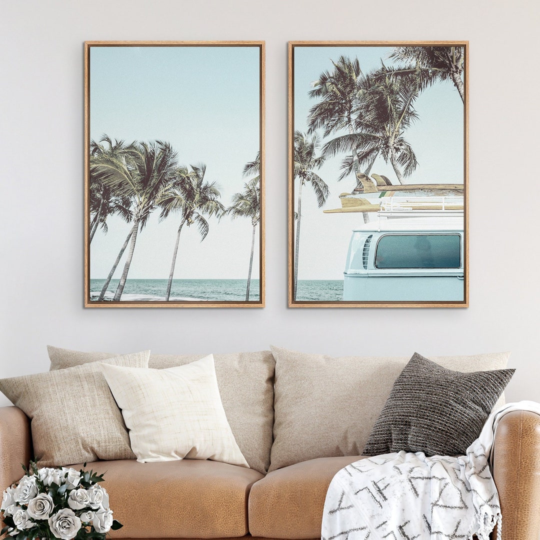 Framed Canvas Wall Art Set of 2 Beach Palm Tree Photography Prints ...