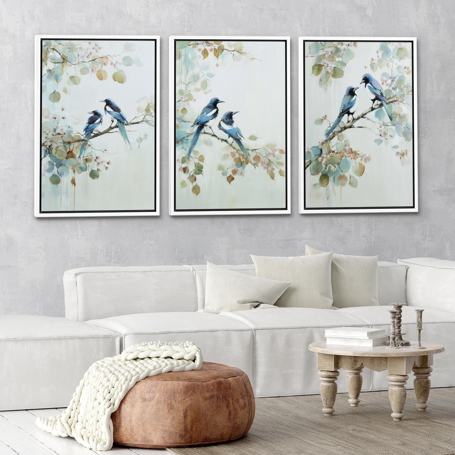 Framed Blue Birds on Branches Wall Art Set of 3, Watercolor Botanical ...