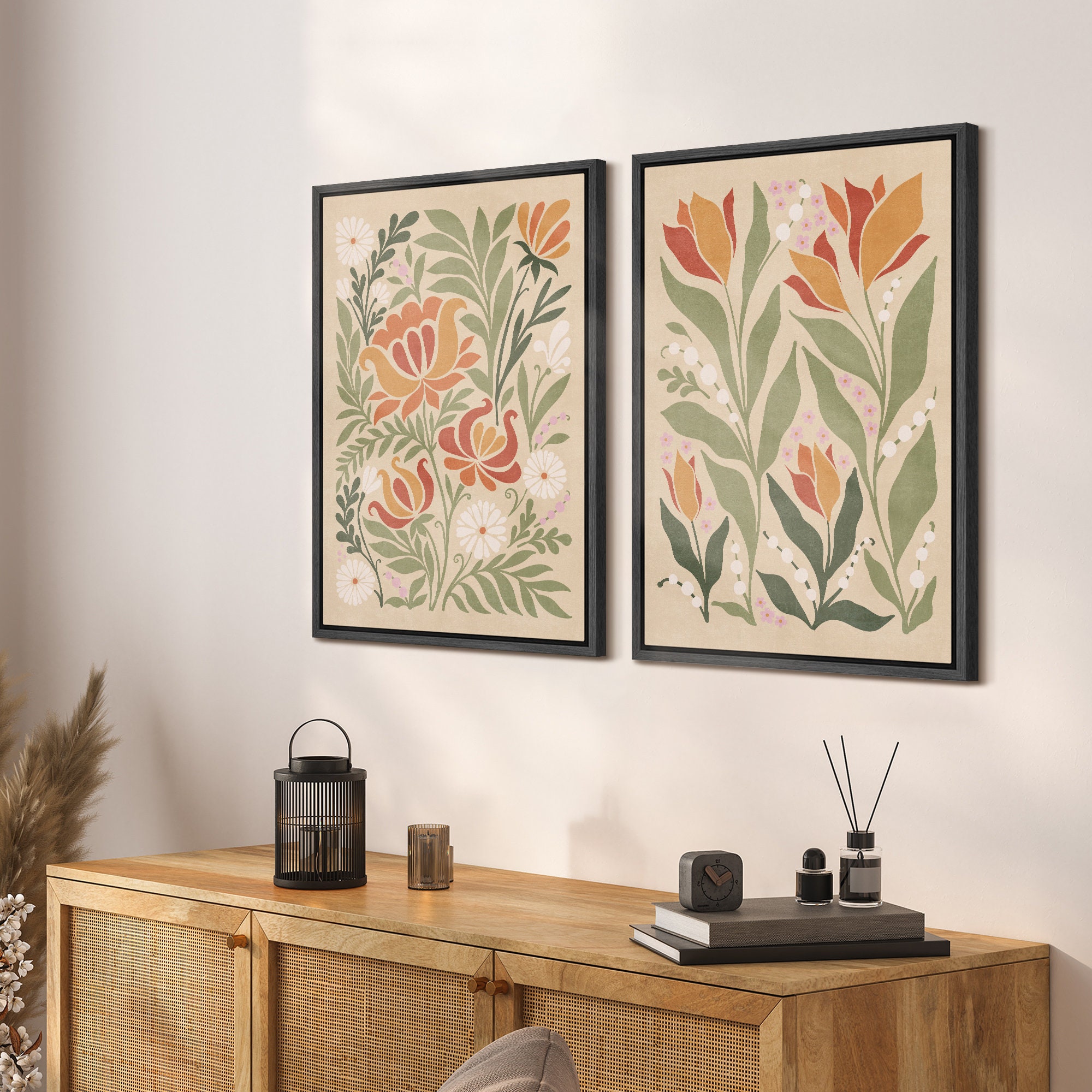 Framed Canvas Wall Art Prints Set of 2 Colorful Wildflower Botanical ...
