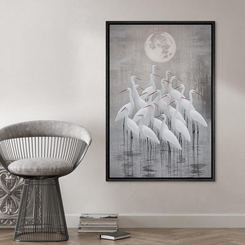 Framed Canvas Wall Art Prints Elegant Egrets Under Full Moon Animal Art ...