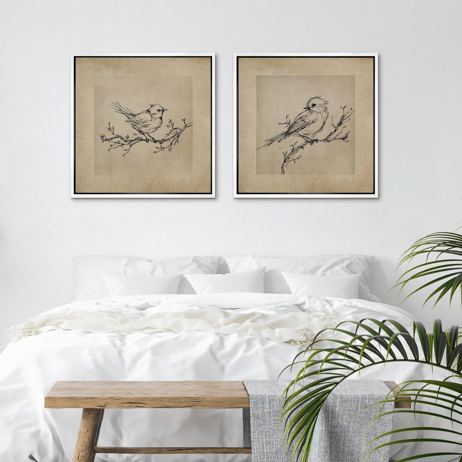Vintage Bird Wall Art Set of 2 - Framed Rustic Ink Drawing Canvas Print ...