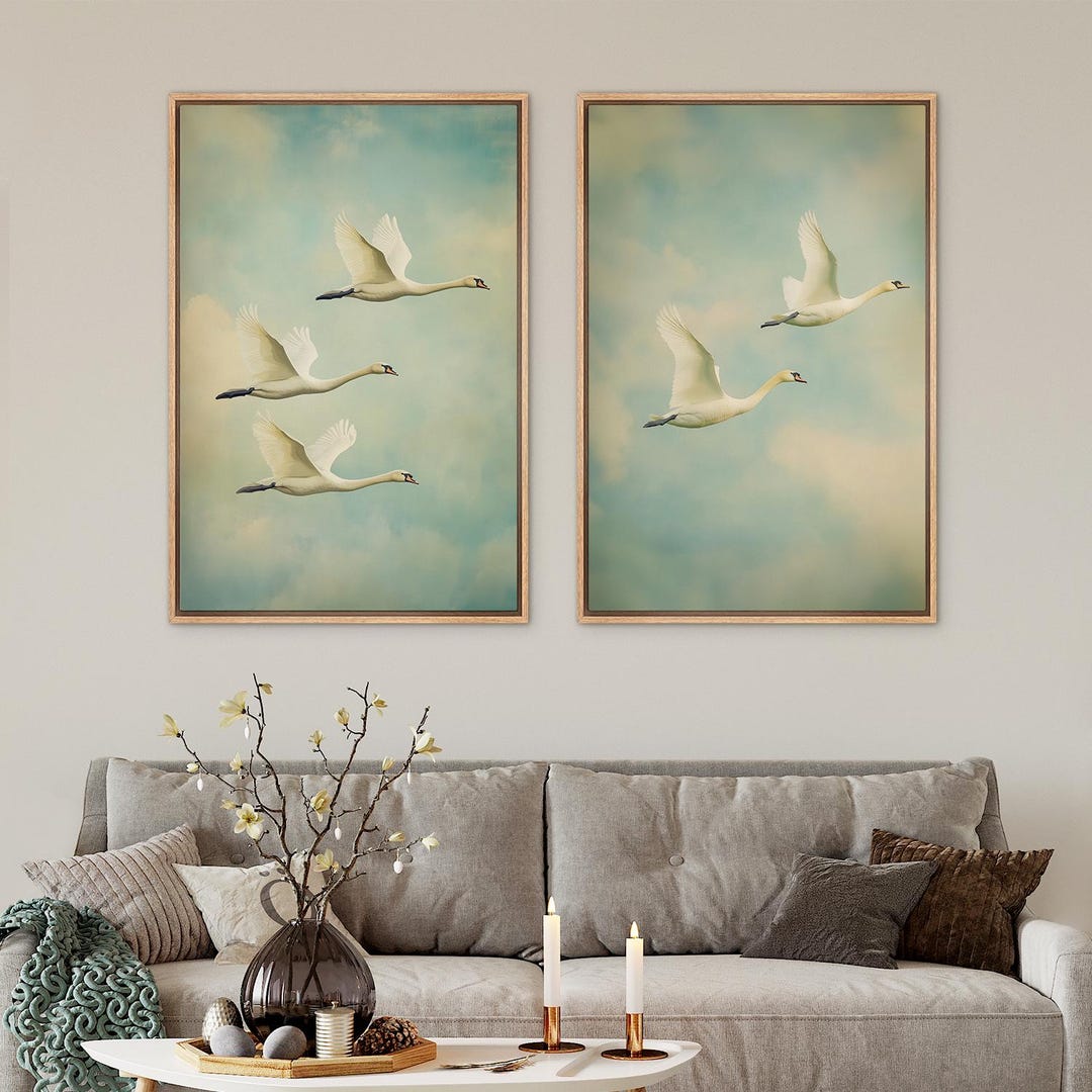 Set of 2 Flying Swan Wall Art - Framed Elegant Bird Canvas Print ...