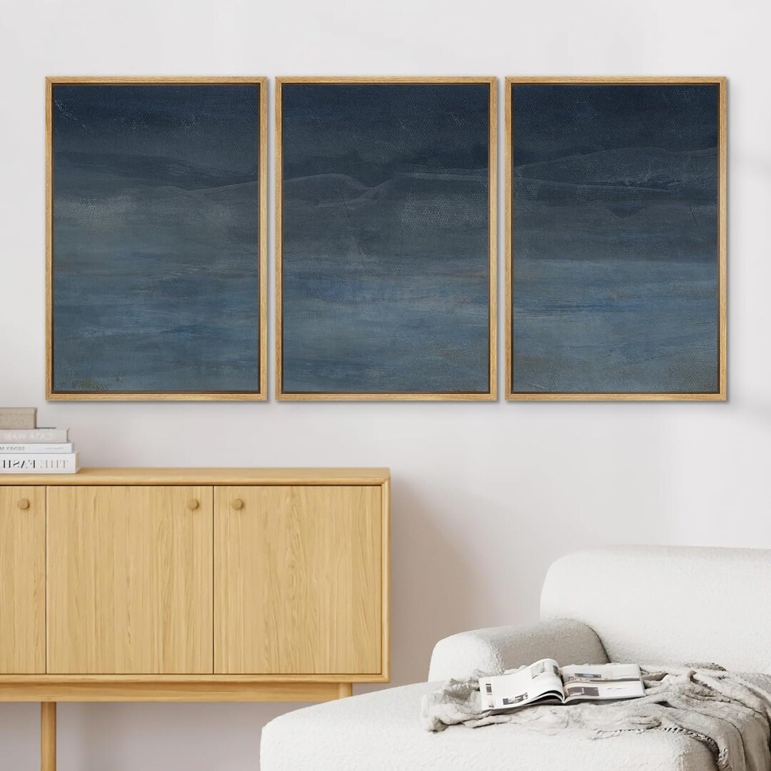Framed Canvas Print Wall Art Prints Set of 3 Abstract Navy Blue Neutral ...