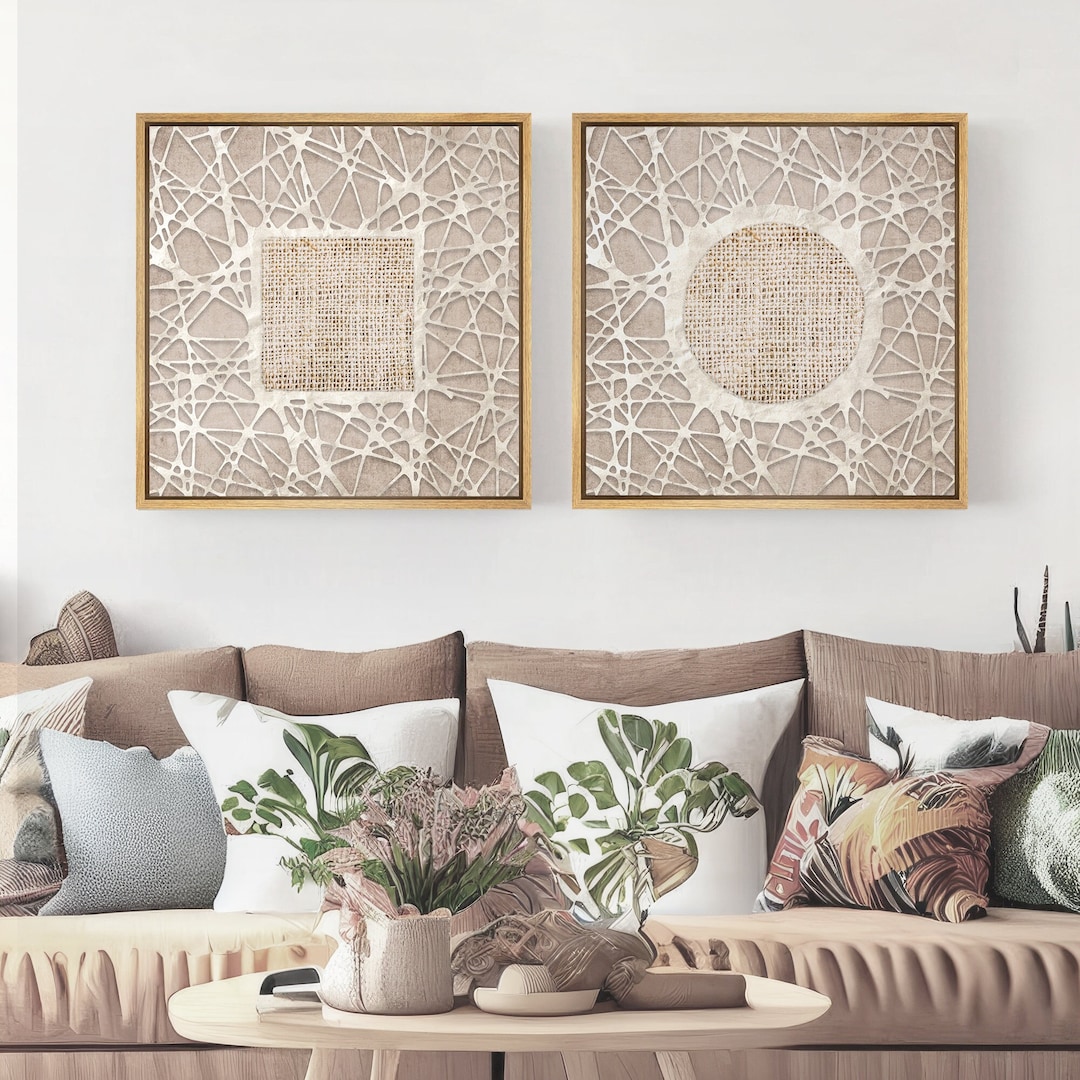 Framed Canvas Wall Art Set of 2 Beige Rice Paper Abstract Prints ...