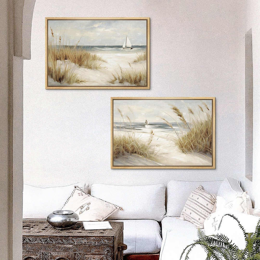Framed Canvas Wall Art Set of 2 Beach Ocean Shore Prints Minimalist ...