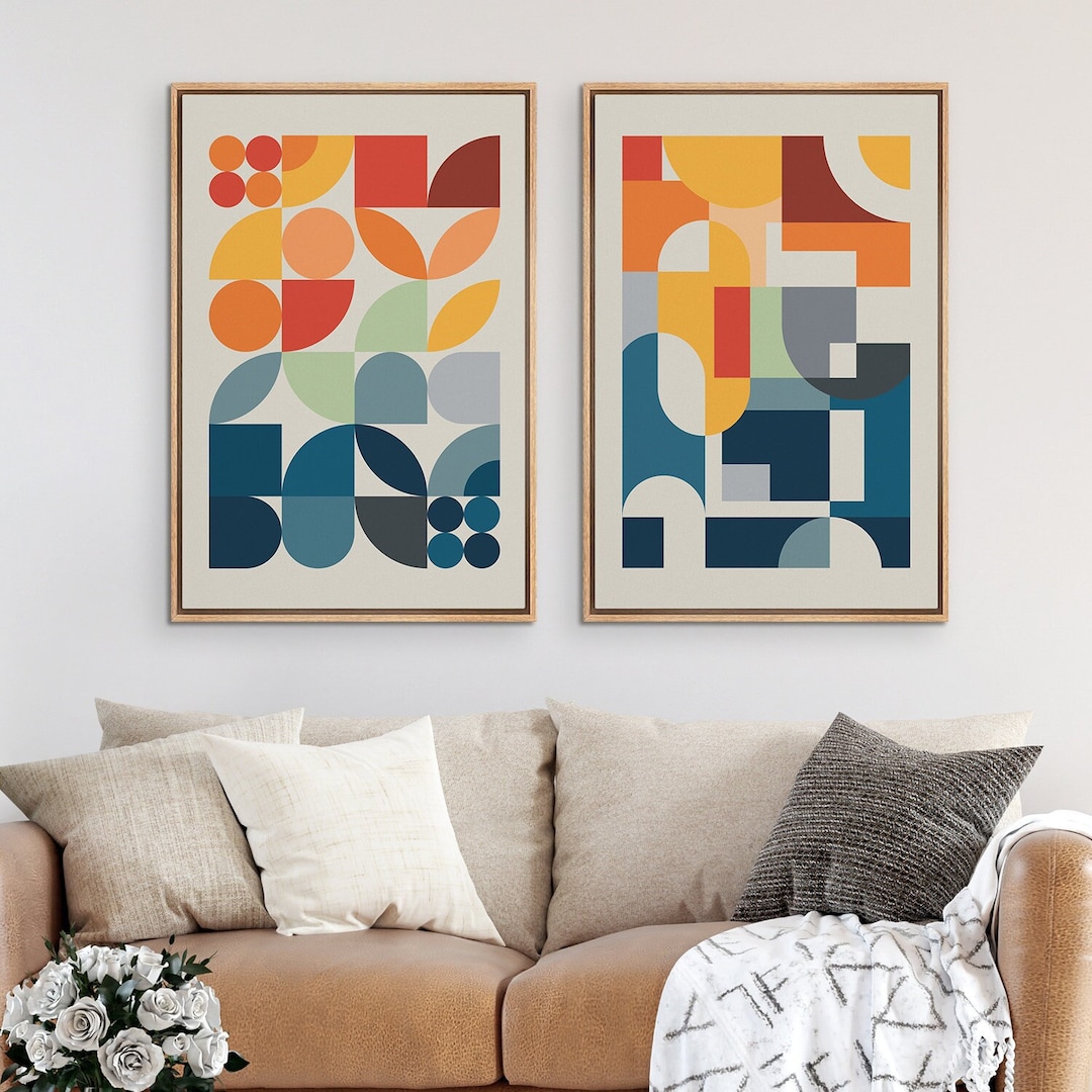 Framed Canvas Wall Art Set of 2 Colorful Geometric Color Blocks ...