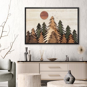 Framed Canvas Print Wall Art Wood Panel Pine Trees Forest Illustration ...