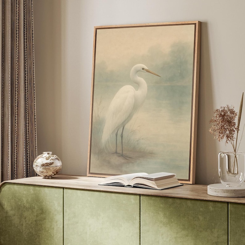 Wabi-sabi Egret Wall Art - Framed Minimalist Heron Canvas Print, Misty ...